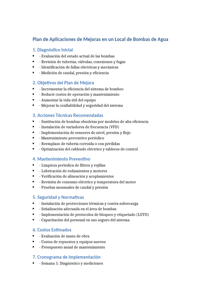 Plan Mejoras Bombas Agua | PDF