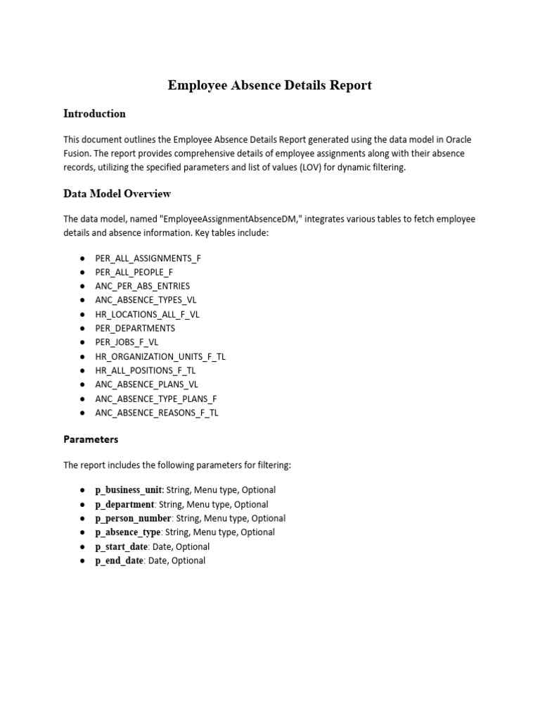 Employee Absence Report Overview | PDF | Information Retrieval | Sql