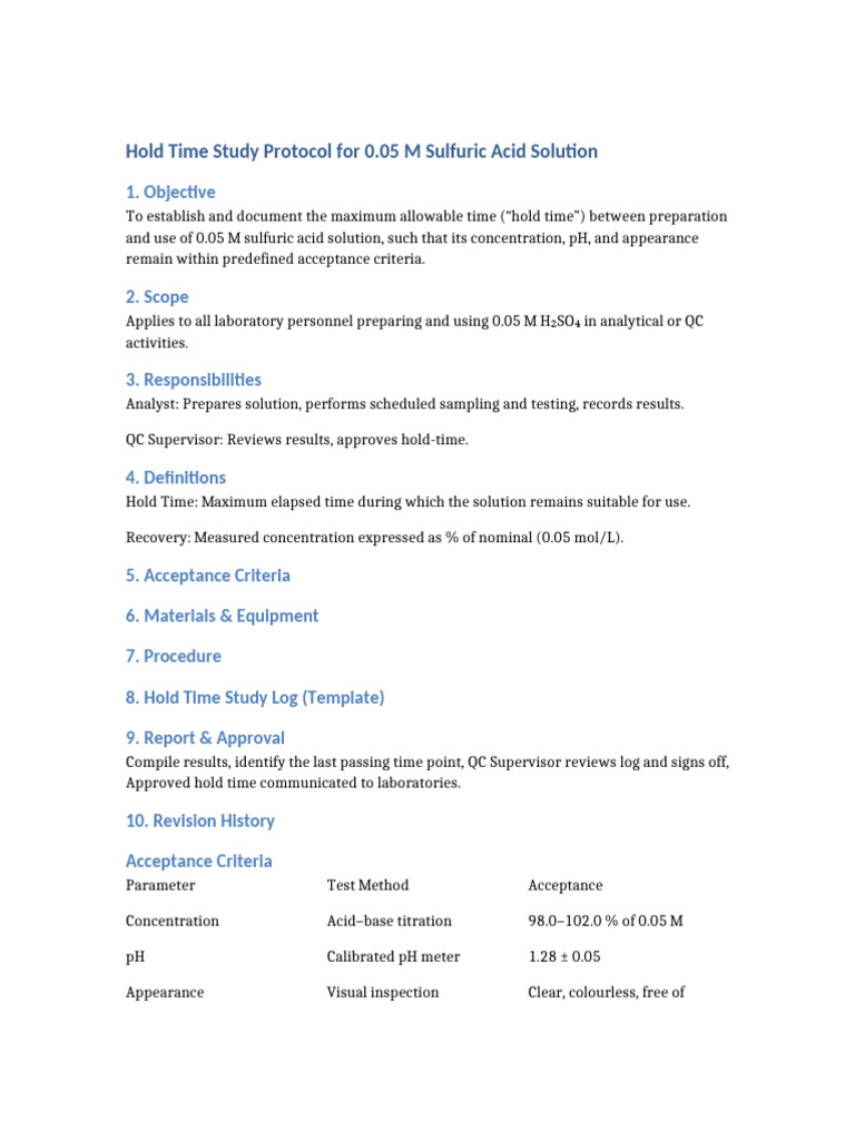 Hold Time Study for Sulfuric Acid Solution | PDF | Titration | Chemistry