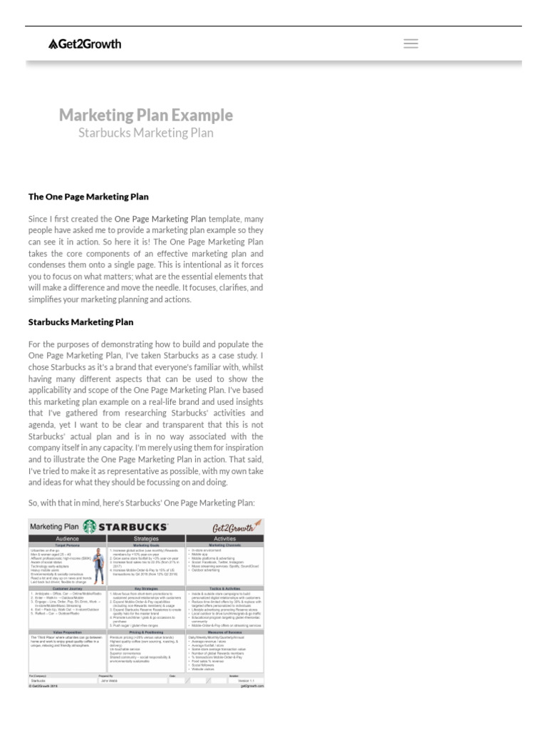 Marketing Plan Example Starbucks One Page Marketing Plan PDF | PDF ...