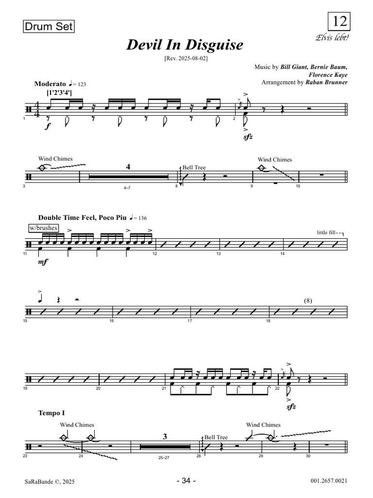 Drum Set Arrangement: Devil In Disguise | PDF | Musicology | Percussion ...