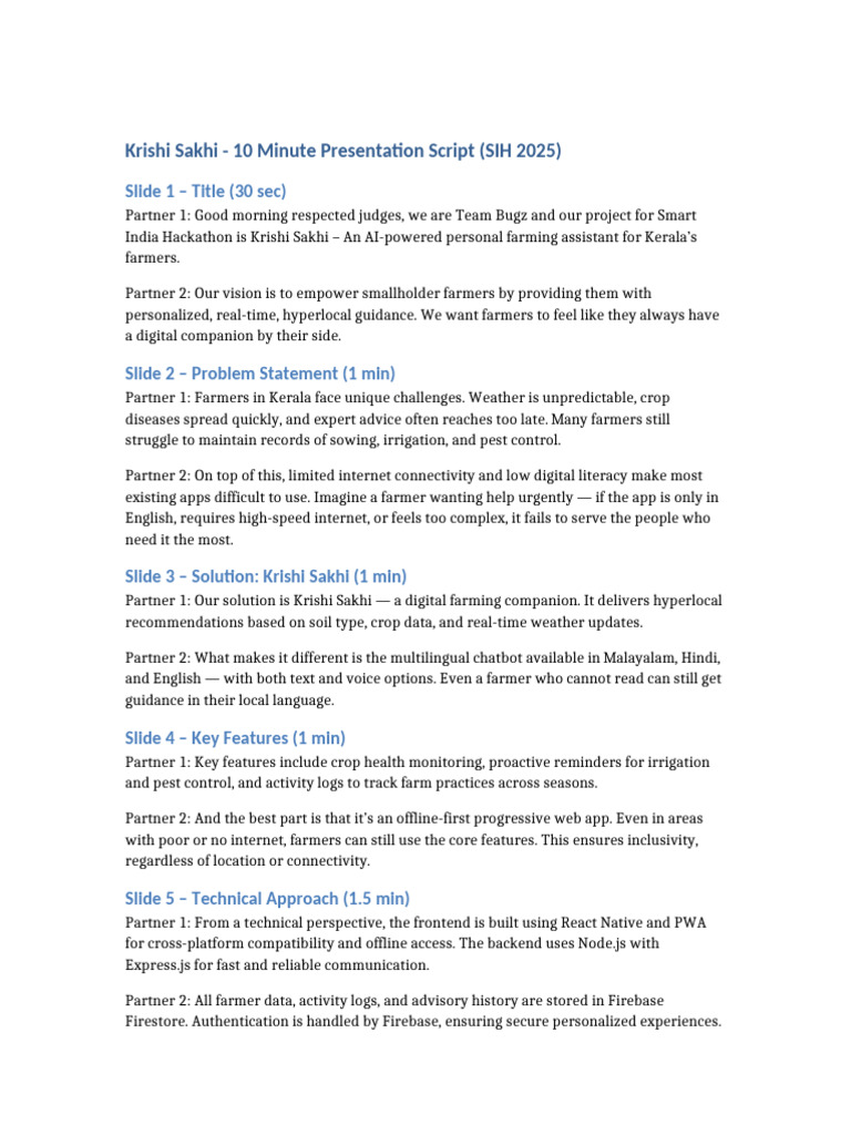 Krishi Sakhi 10min Presentation Script | PDF | Agriculture | Sustainable Agriculture