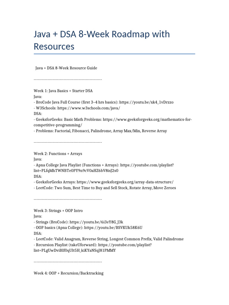 Java DSA 8 Week Roadmap | PDF | String (Computer Science) | Theoretical Computer Science