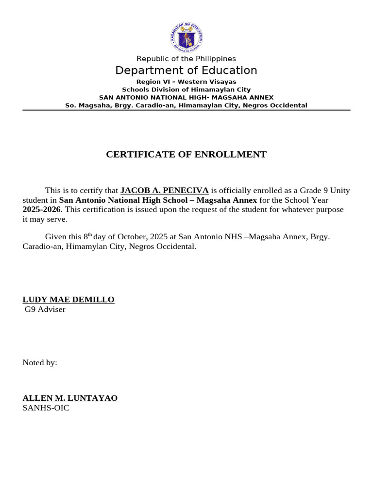 Certificate of Enrollment | PDF | Philippines