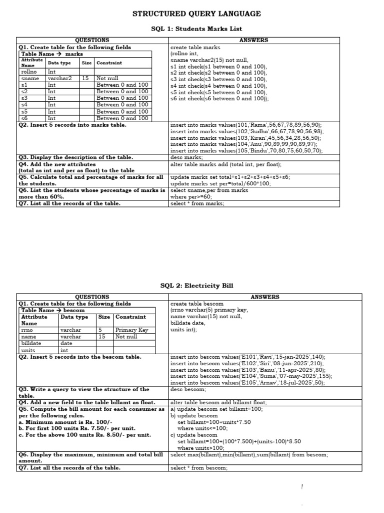 SQL Questions For Final Exam | PDF | Table (Database) | Sql