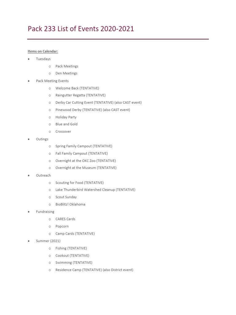 Pack 233 Events Calendar 2020-2021 | PDF | Patriotic And National ...