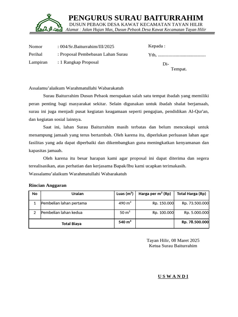 Proposal Perluasan Lahan Surau Baiturrahim | PDF