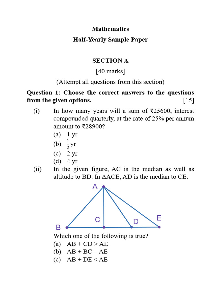 Mathematics Half-Yearly Practice Question Paper for Class IX ICSE Board ...