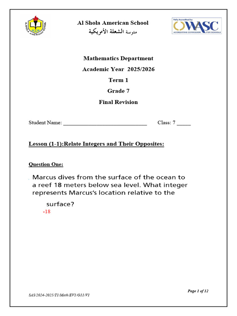 Grade 7 Mathematics Term 1 Final Examination Revision Worksheet (2025 ...