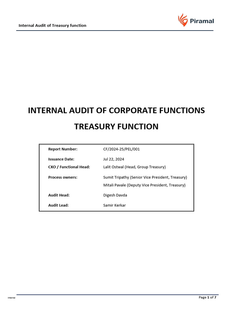 PEL Corporate Functions Audit Report - Treasury Audit - Internal Audit ...
