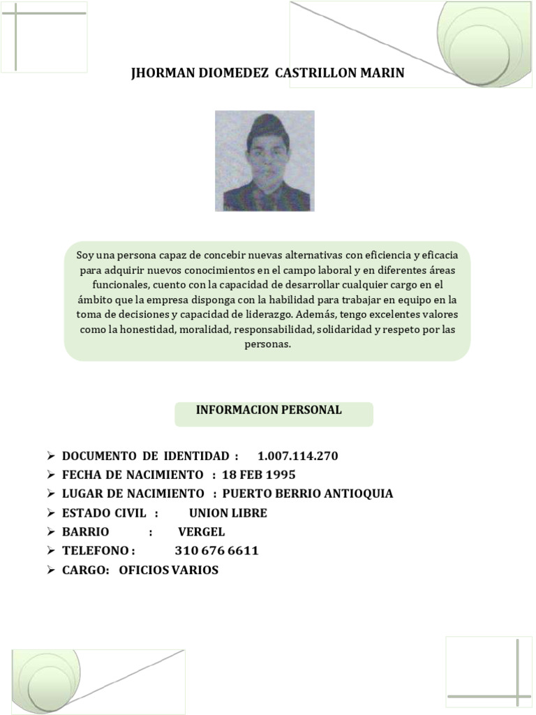 Hoja de Vida Jhorman Diomedez Castrillon | PDF