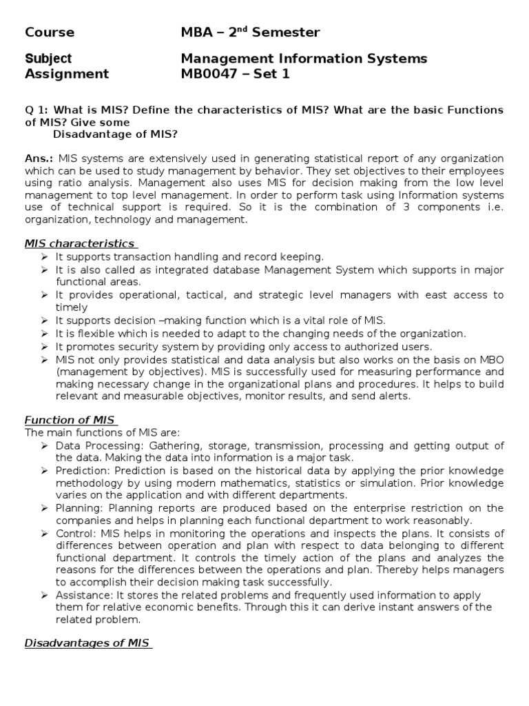 Course Mba - 2 Semester Subject Management Information Systems Assignment MB0047 - Set 1 | PDF ...