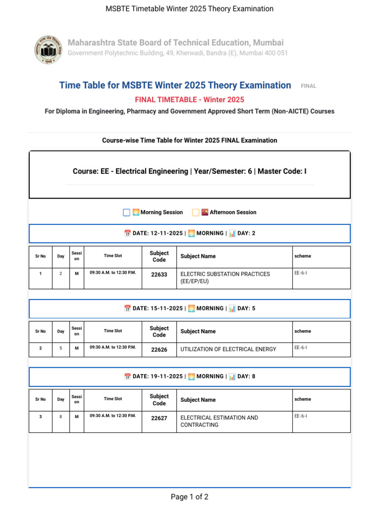 Time Table For Winter 2025 y Examination | PDF | Qualifications ...