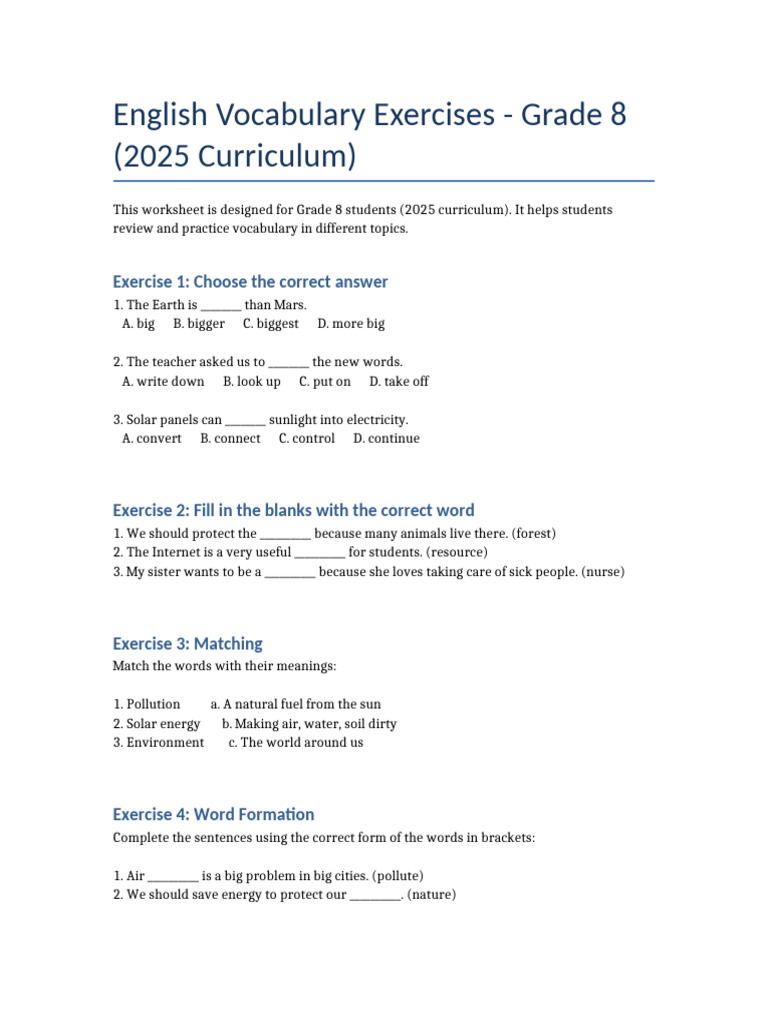 Grade 8 English Vocabulary Exercises | PDF