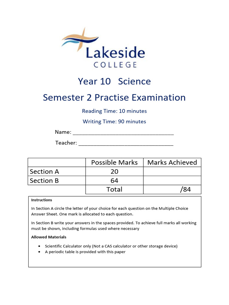 Year 10 Science Semester 2 Exam Guide | PDF | Chemical Reactions | Atoms