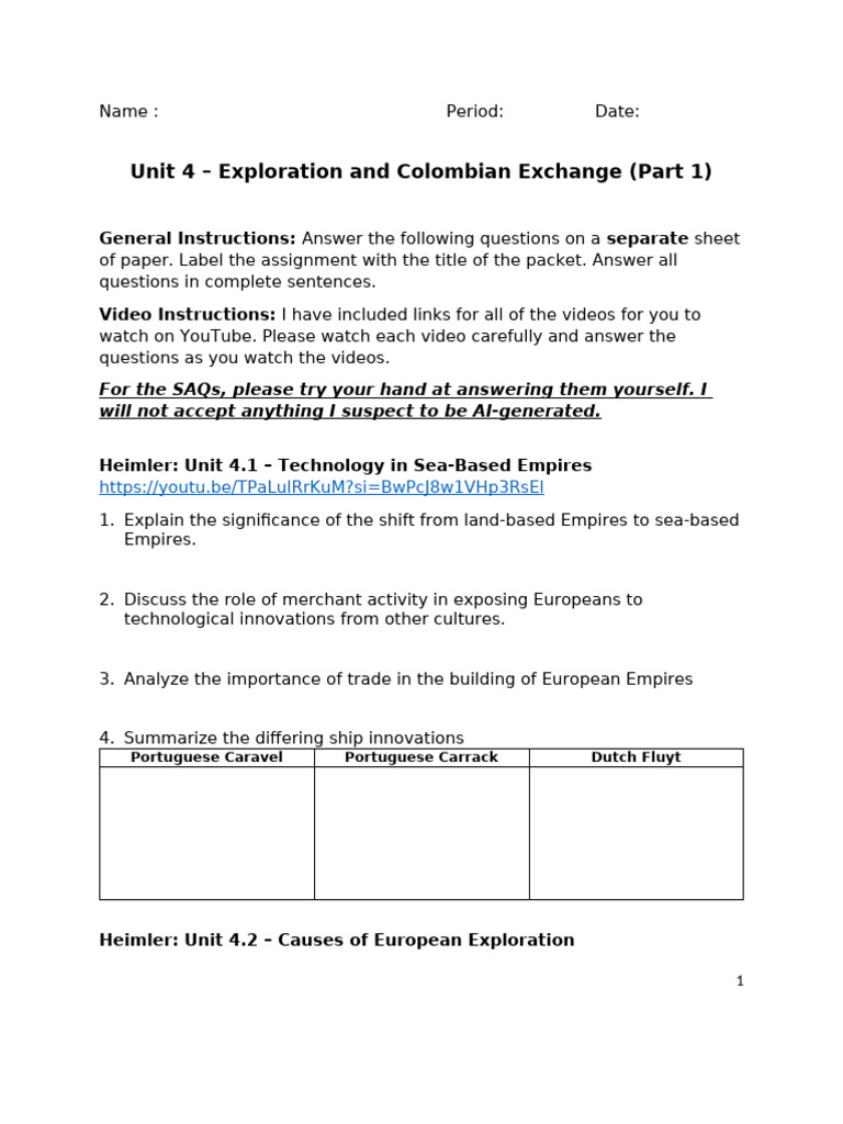 13 - Unit 4 - Age of Exploration Review Packet - Part 1 | PDF | Age Of ...