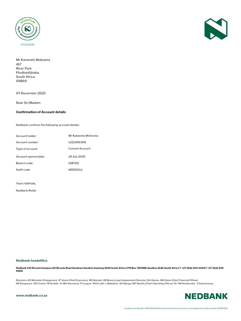 Account Confirmation Letter | PDF