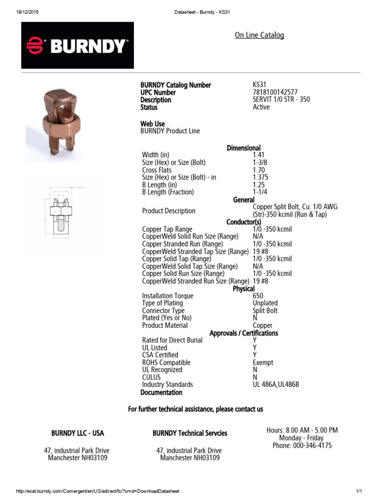 Burndy KS31 Copper Split Bolt Datasheet | PDF | Electrical Connector ...