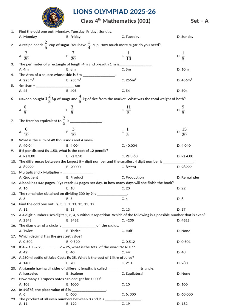 4th Maths. Lions Olympiad Question Paper | PDF | Elementary Mathematics ...