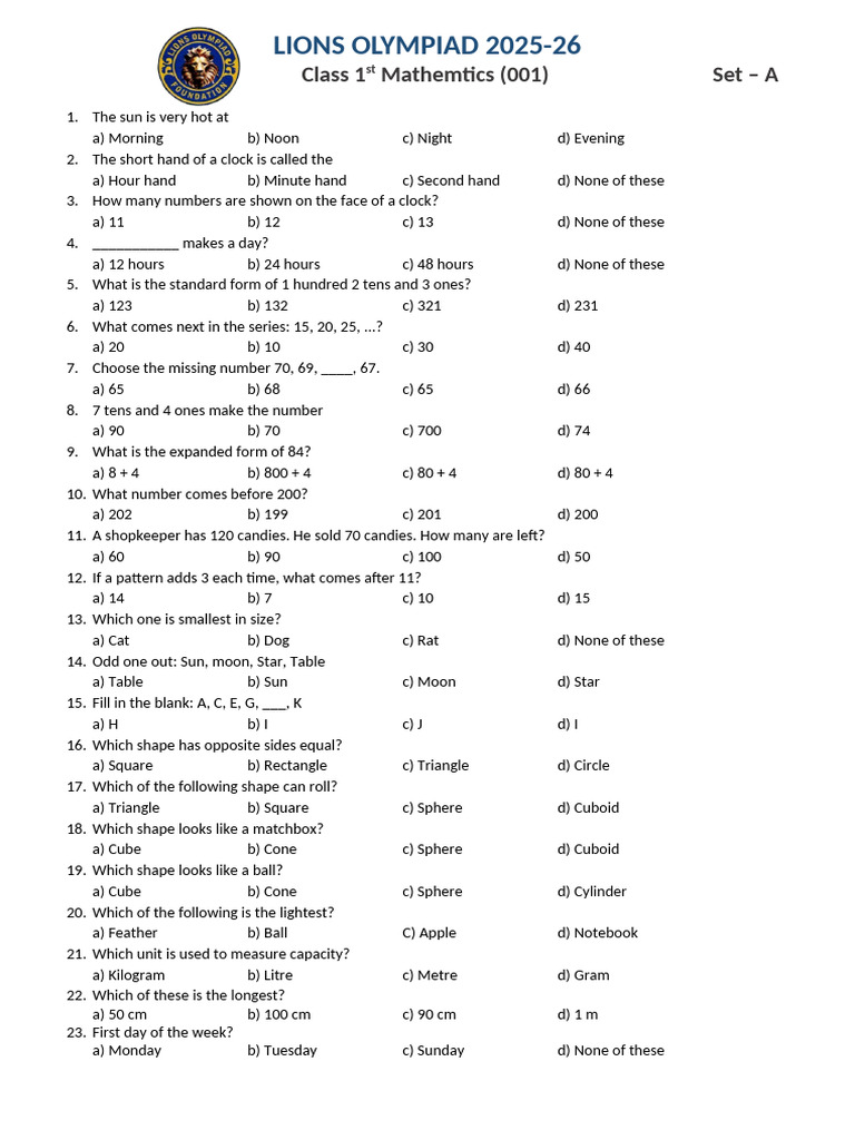 1st Maths. Lions Olympiad Question Paper | PDF | Rupee | Litre