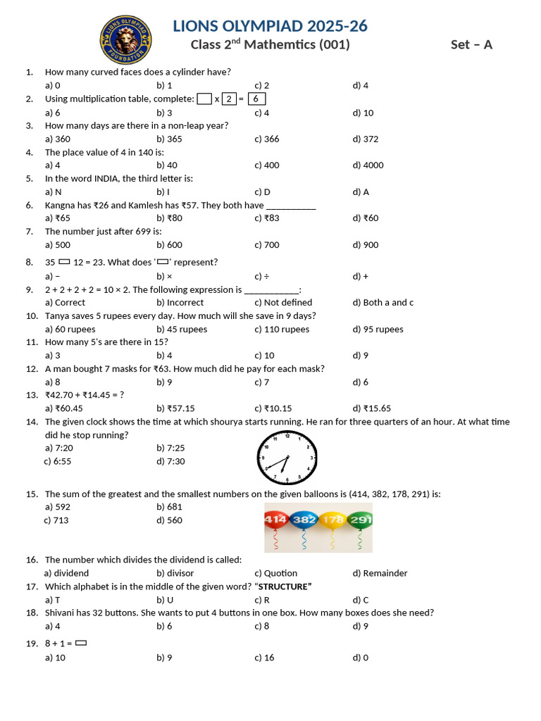 2nd Maths. Lions Olympiad Question Paper | PDF