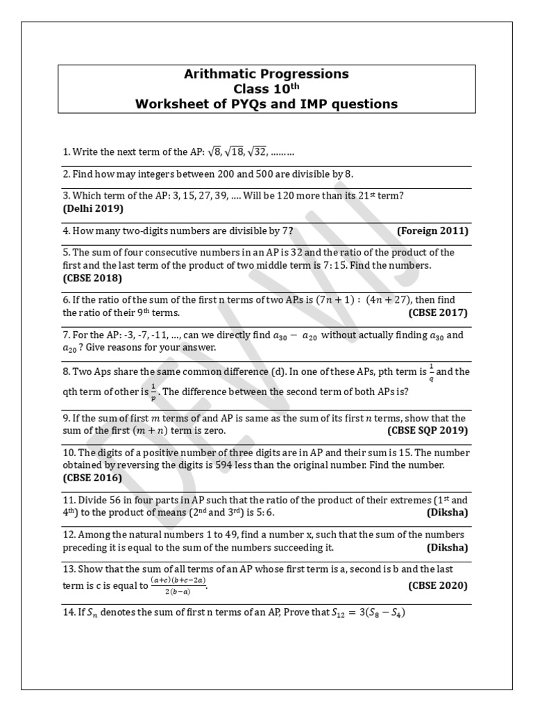 Class 10 Arithmetic Progressions Worksheet | PDF | Mathematics | Chess ...
