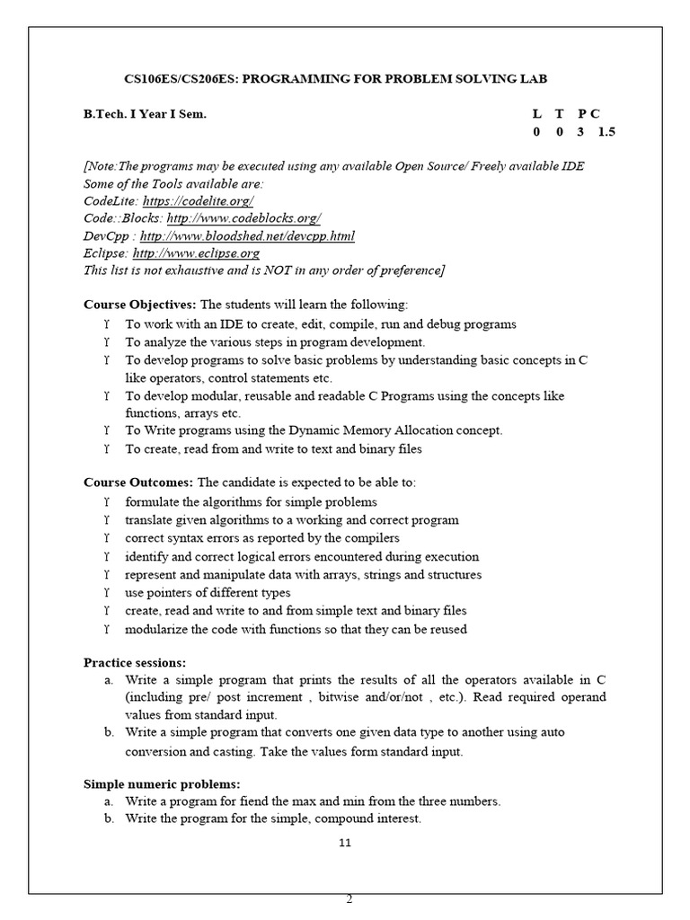 PPS-LAB - Manual - Programming For Problem Solving (C) | PDF | Computer Program | Programming