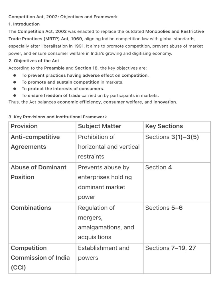 Competition Act 2002: Objectives & Provisions | PDF | Mergers And ...
