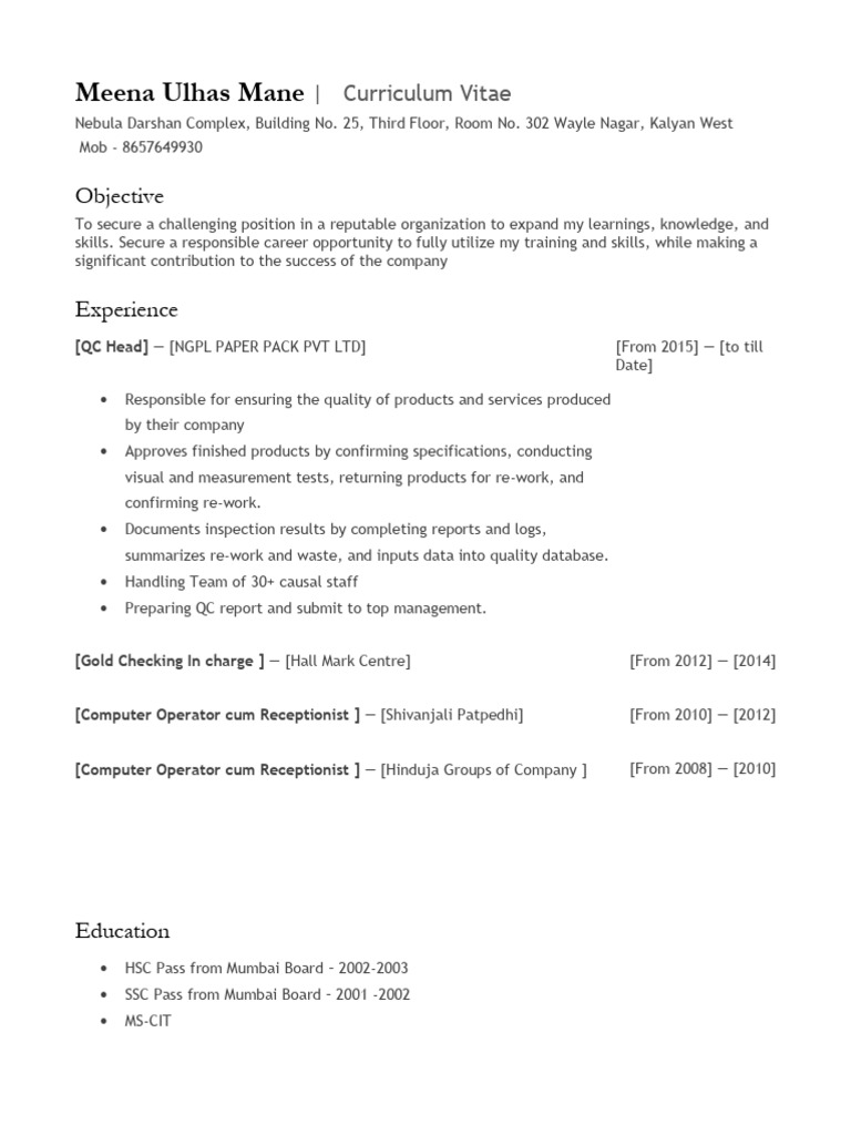CV Meena Mane-1 | PDF