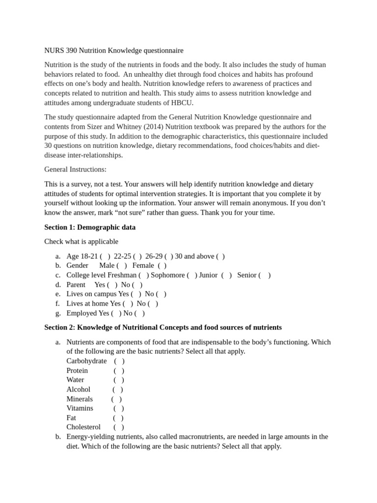 NURS 390 Nutrition Knowledge Questionnaire | PDF | Foods | Fat