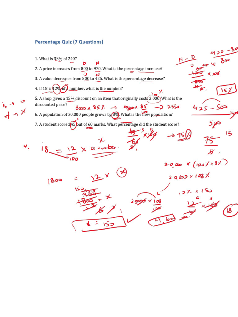 Percentage Quiz with 7 Questions | PDF