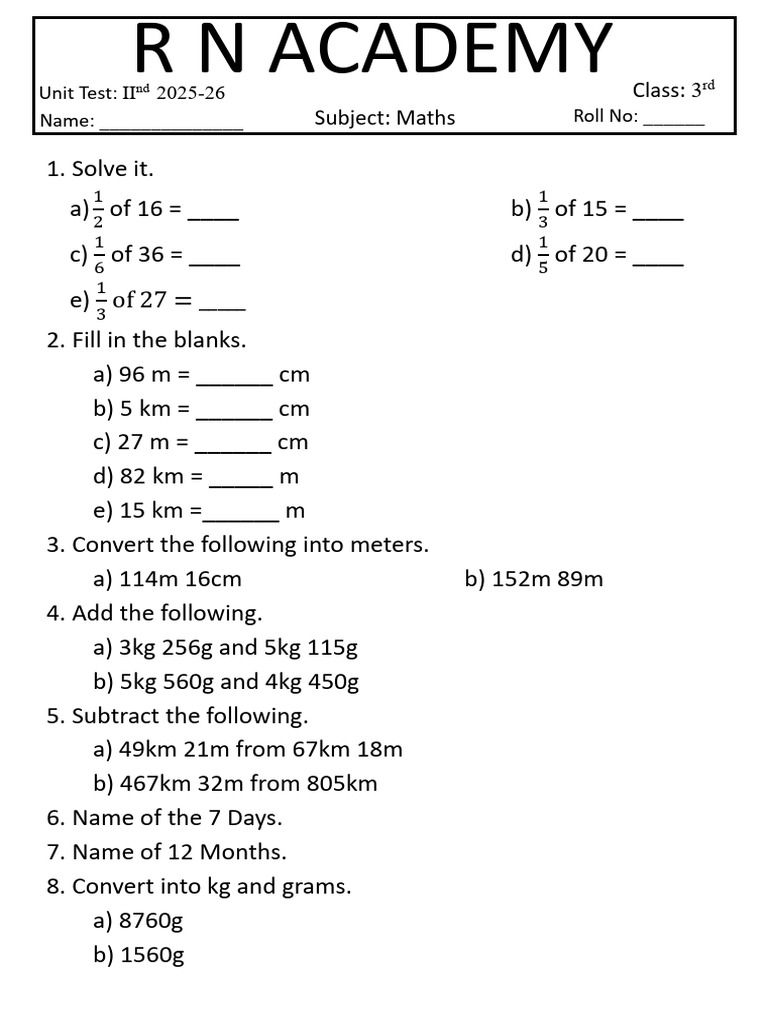 3rd Grade Math Unit Test Worksheet | PDF