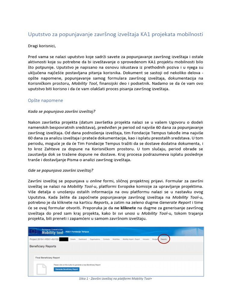 Uputstvo Za Popunjavanje Završnog Izveštaja Za KA1 Projekte | PDF