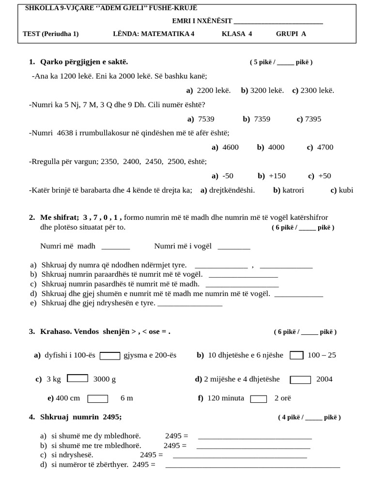 Test Mat 4 Peri 1 Klasa 4b | PDF