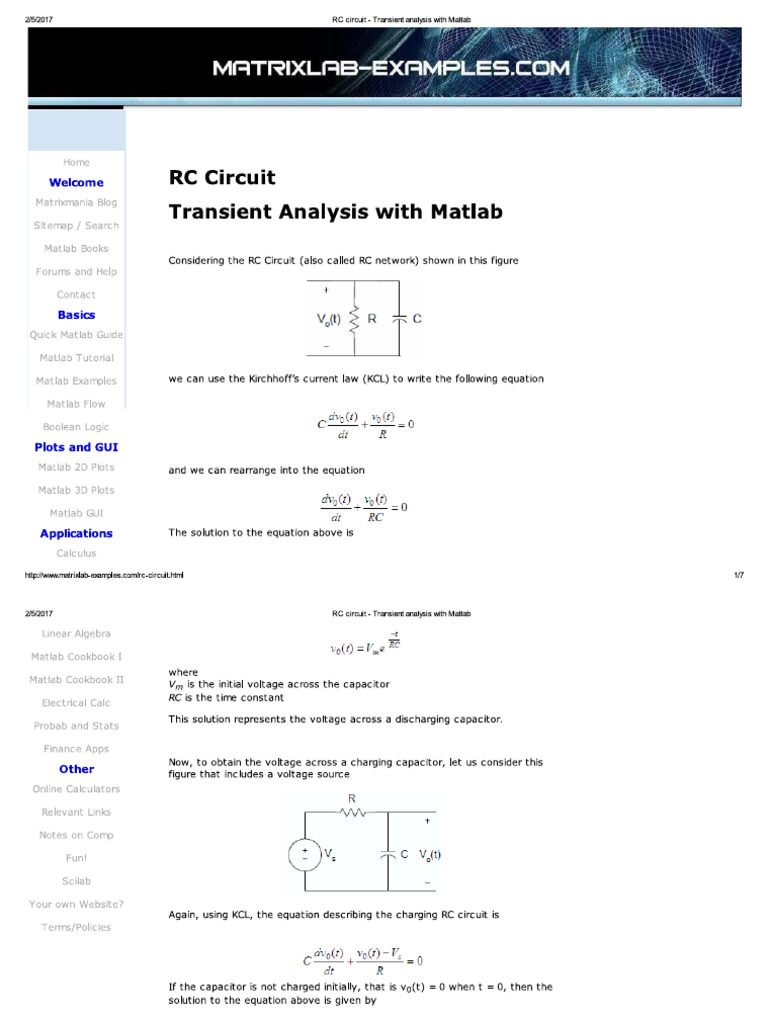 RC Circuit - Transient Analysis With Matlab | PDF