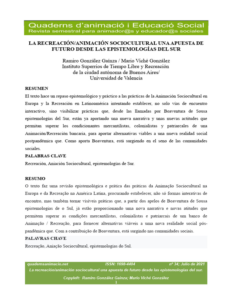 González Gaínza Ramiro (2021) La Recreaciónanimación Sociocultural Una ...