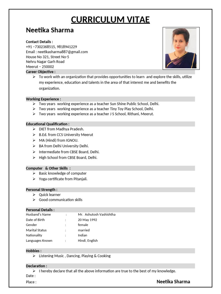 Neetika Sharma's Teaching CV | PDF