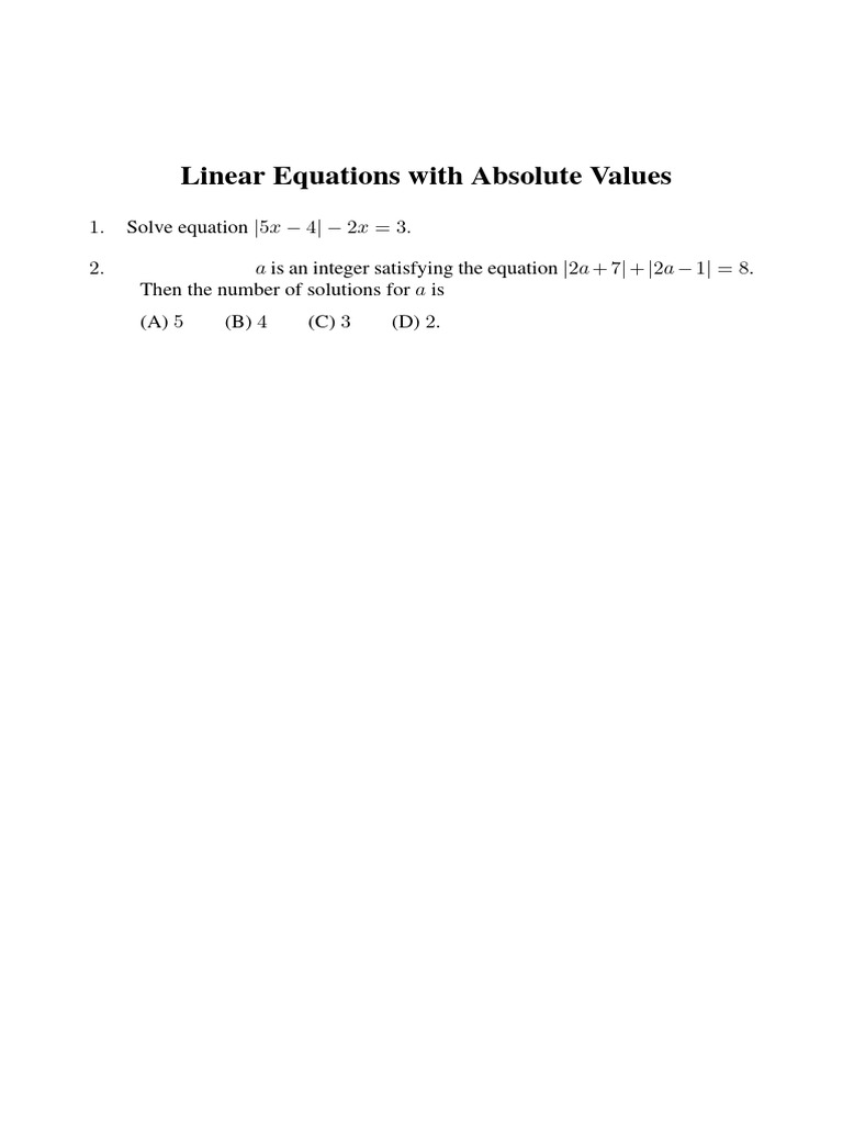 Absolute Value Equation Solutions | PDF | Equations | Mathematics