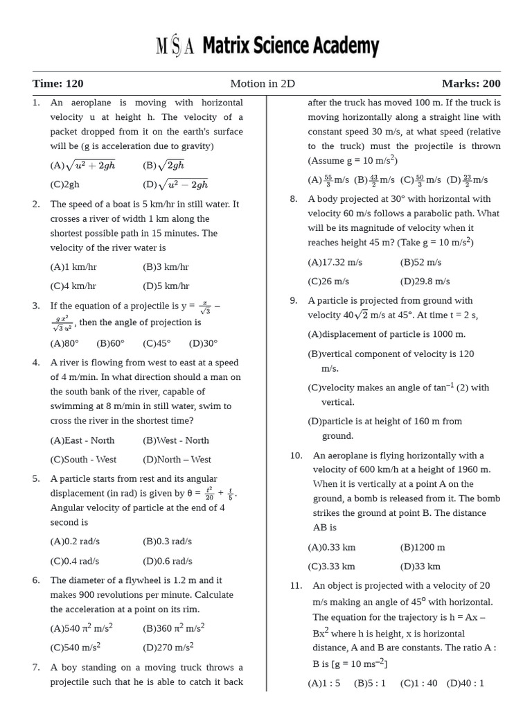 Matrix Science Academy (Nigdi) Motion in 2D Question Paper 25-08-2025 ...