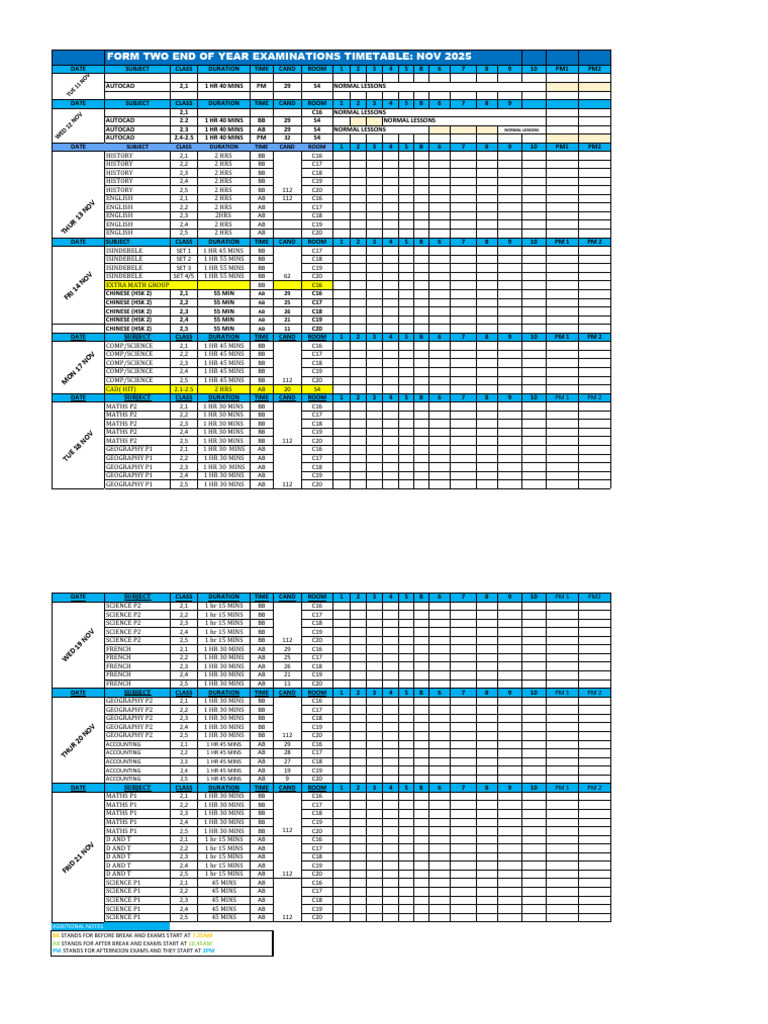 Amended Form 2 End of Year 2025 Examination Timetable | PDF