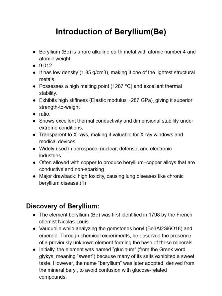 Overview of Beryllium Properties and Uses | PDF | Materials | Physical ...