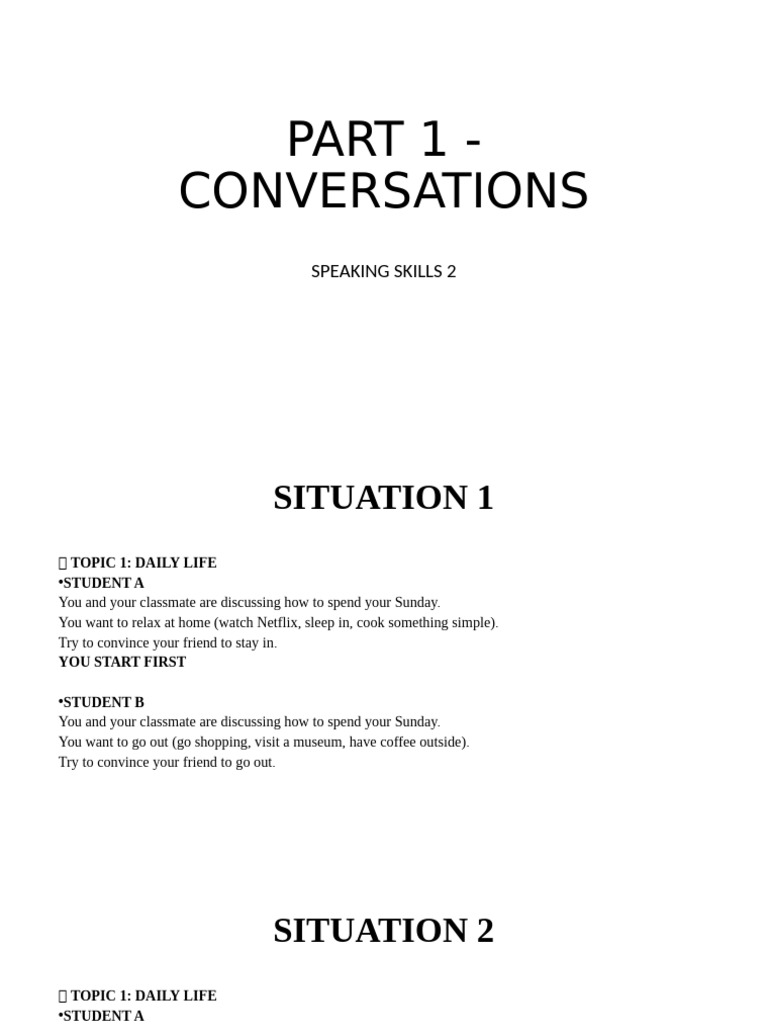 Situations For Part 1 - Speaking Skills 2 | PDF