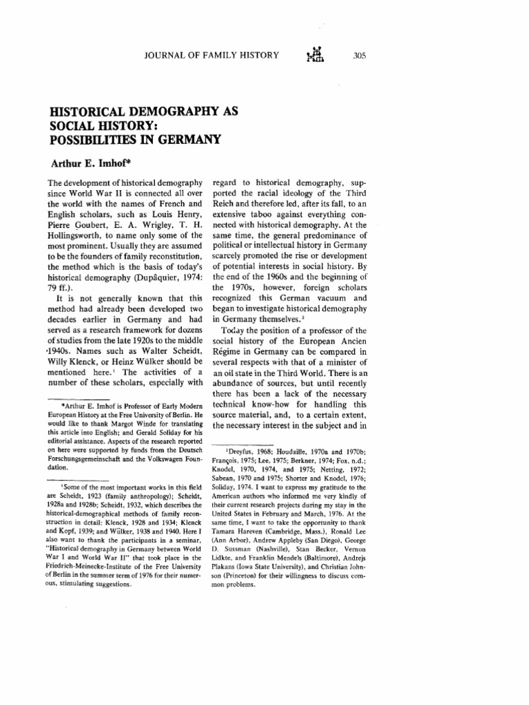 Historical Demography As Social History: Possibilities in Germany | PDF ...