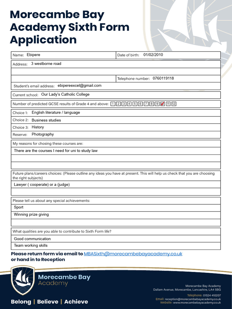Morecambe Bay Academy Sixth Form Application 2024 | PDF