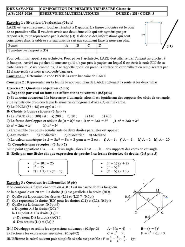 Évaluation de Mathématiques 4e - 2025-2026 | PDF | Géométrie ...