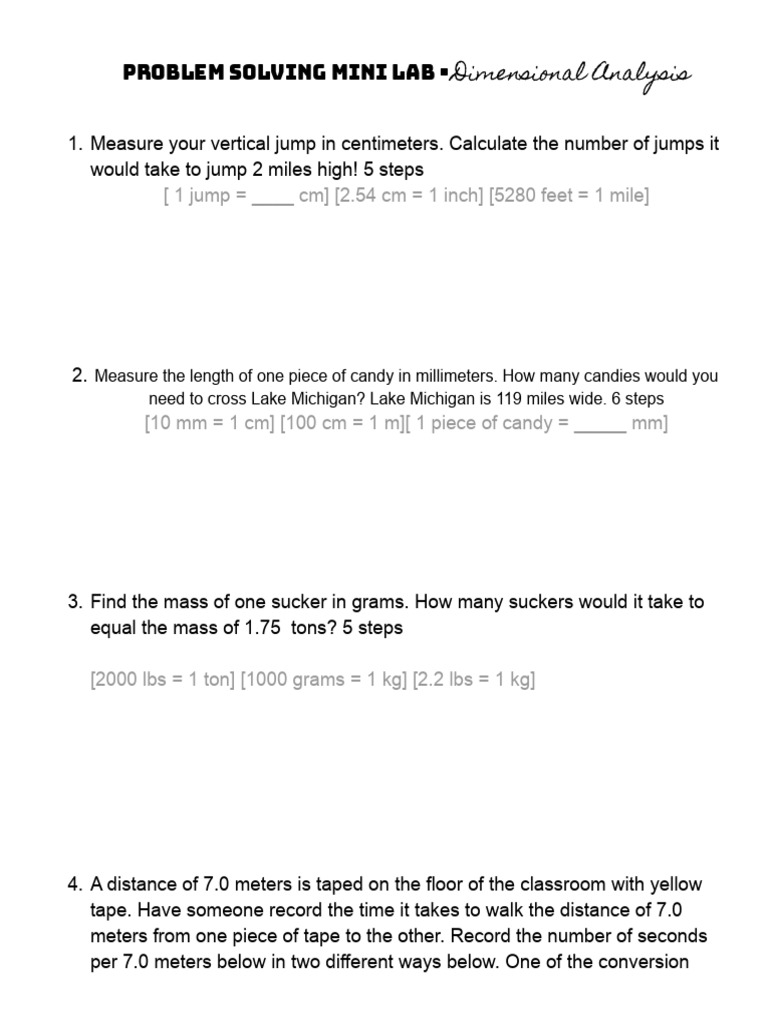 Problem Solving Mini Lab - : (1 Jump - CM) (2.54 CM 1 Inch) (5280 Feet ...