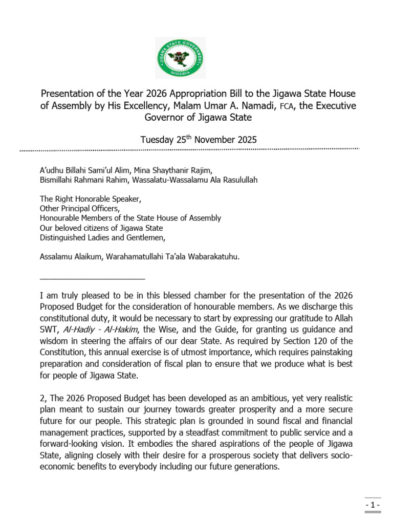 Jigawa State Government - 2026 Budget Speech For The Presentation of The Year 2026 Appropriation ...