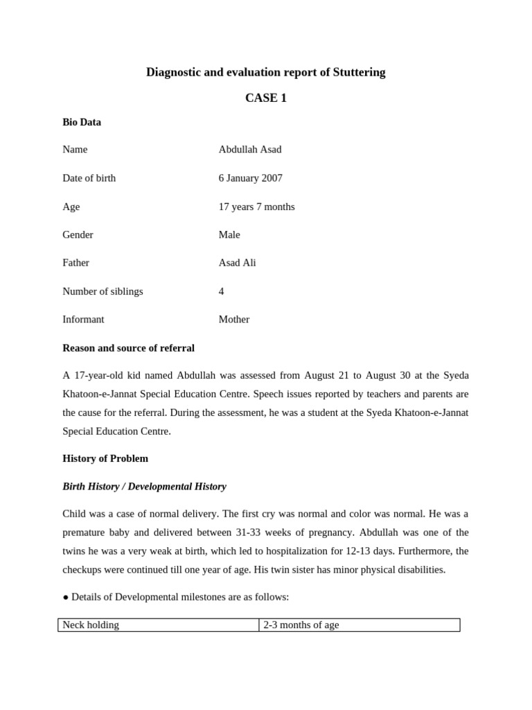 Diagnostic and Evaluation Report of Stuttering | PDF | Stuttering | Speech