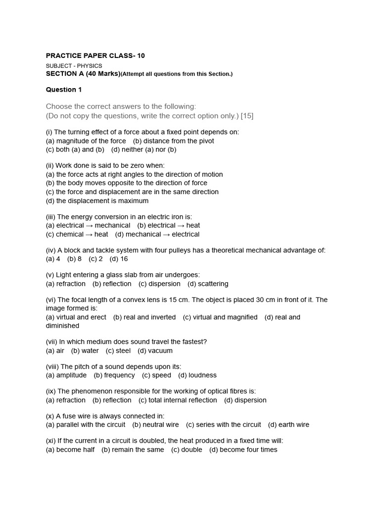 Class 10 Physics Practice Paper | PDF | Electricity | Physical Phenomena