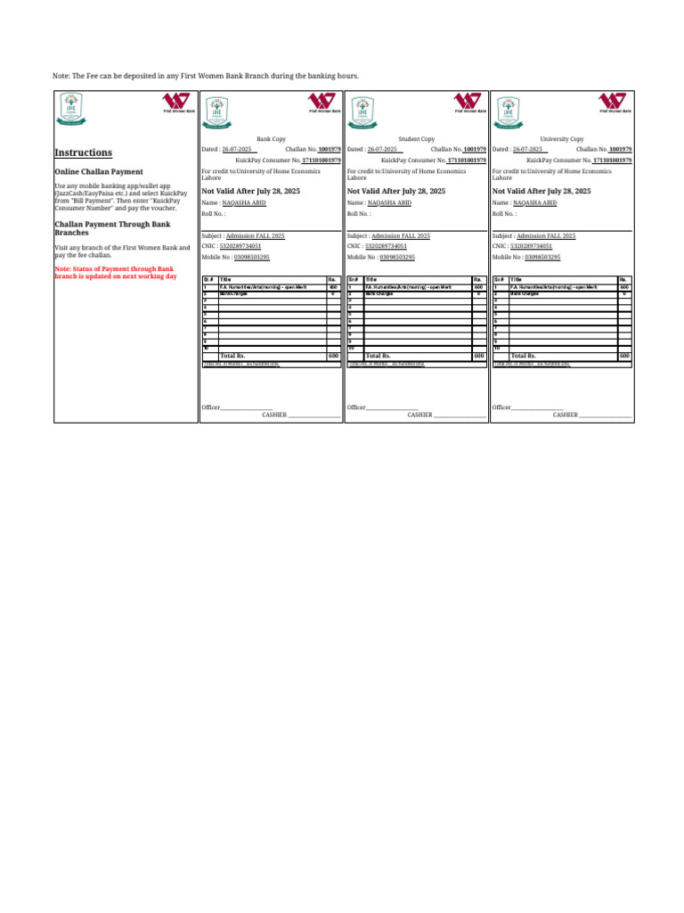 .PK Admission Uhe Home Print Challan 1001979 BANK CHARGES FWB | PDF ...